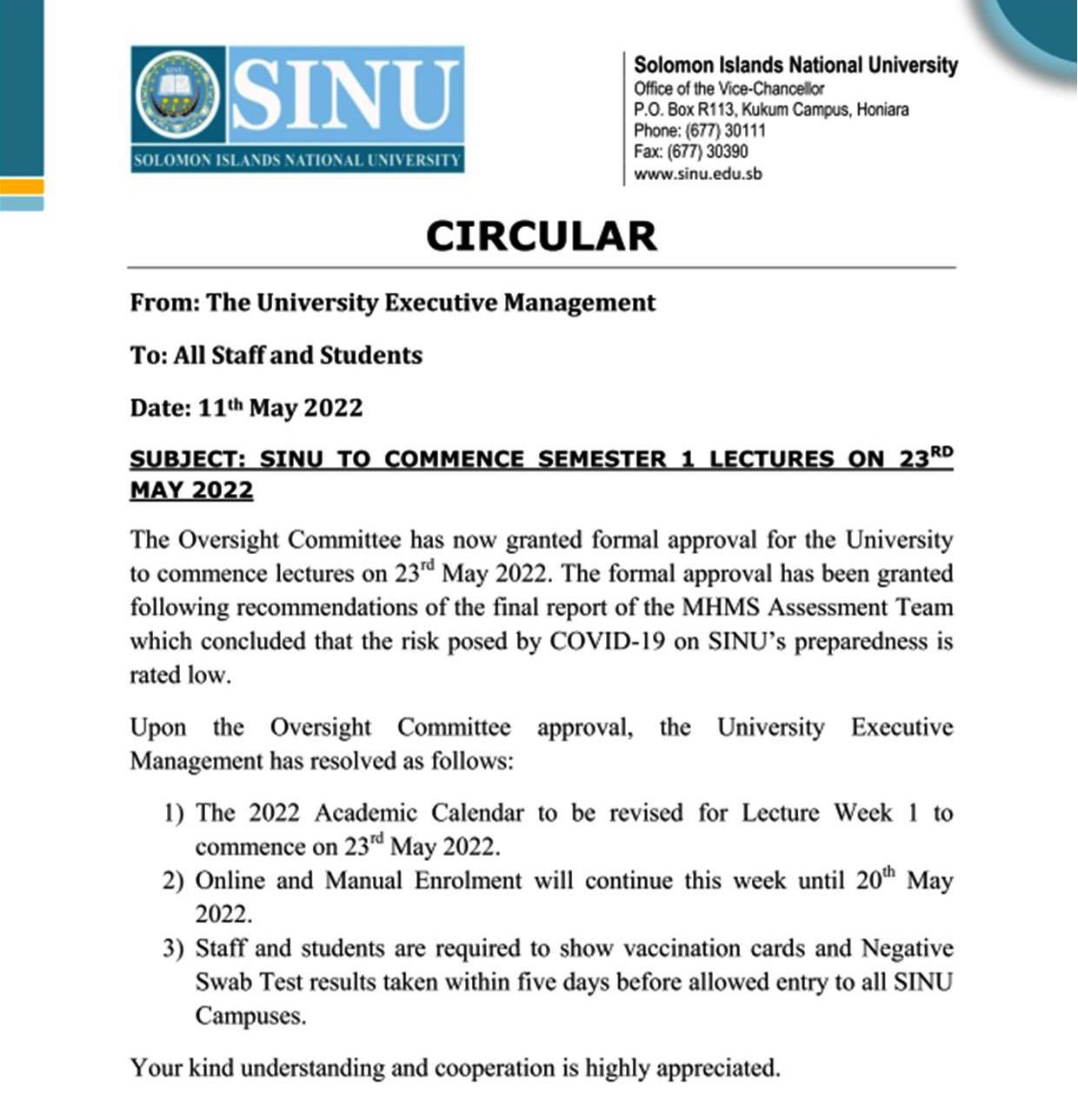 SINU TO COMMENCE SEMESTER 1 2022 ON MAY 23 2022 – SINU