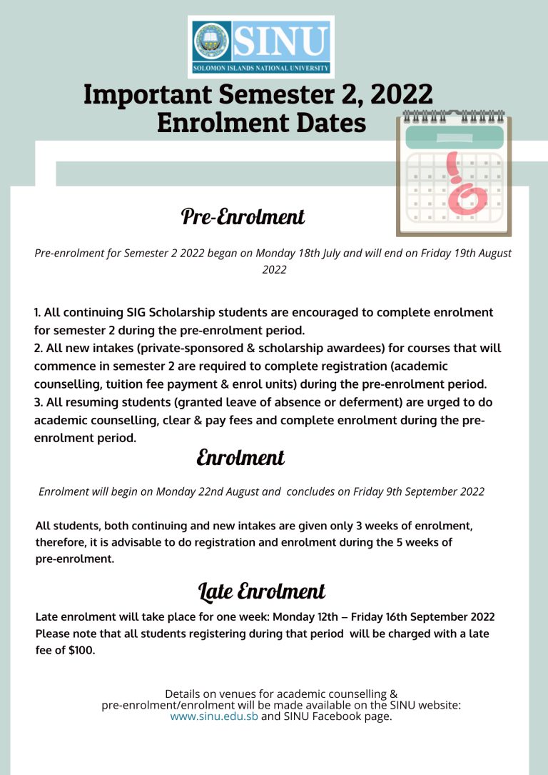SEMESTER 2 , 2022 FACULTY ENROLMENT SCHEDULES – SINU