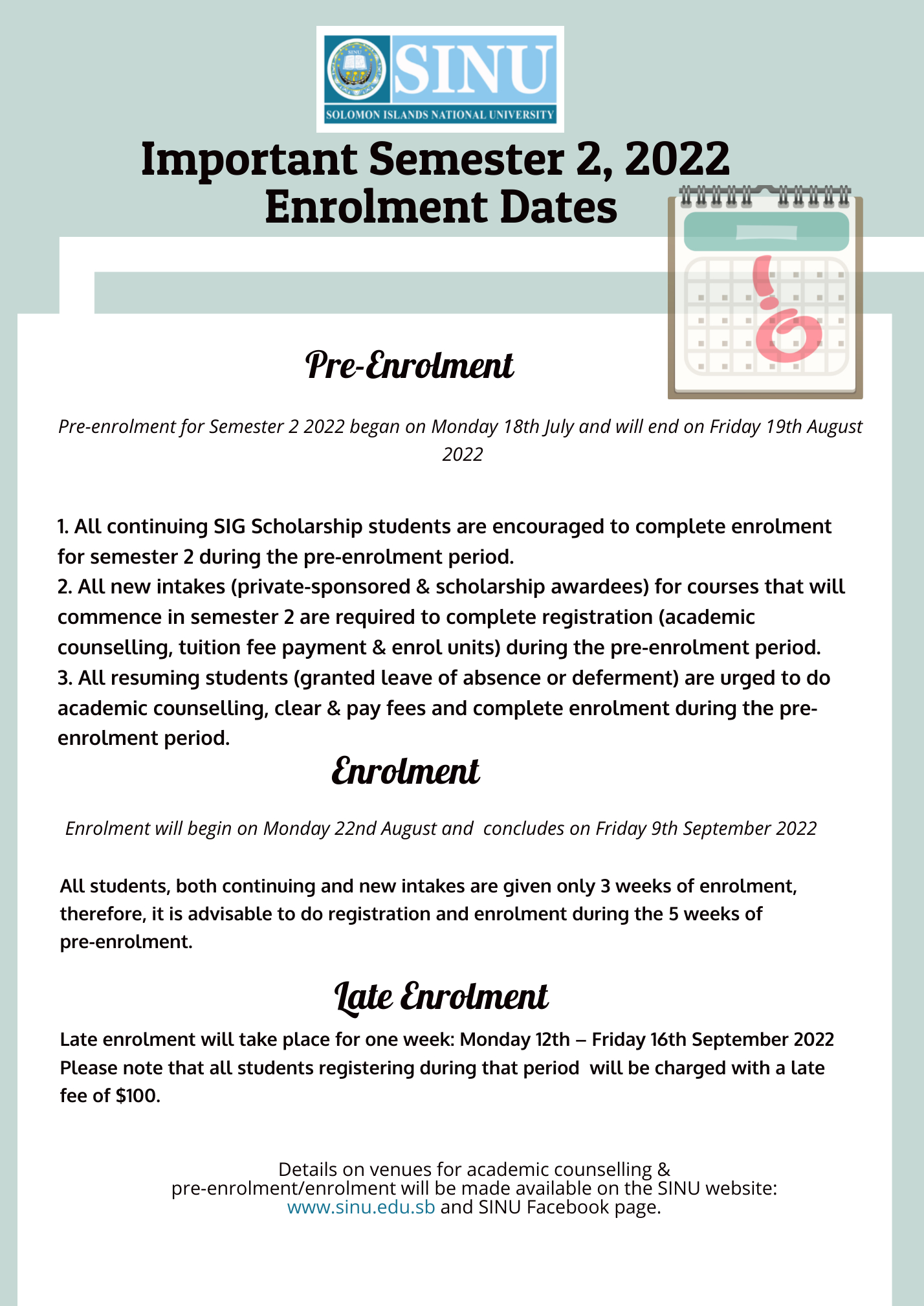 SEMESTER 2 , 2022 FACULTY ENROLMENT SCHEDULES – SINU