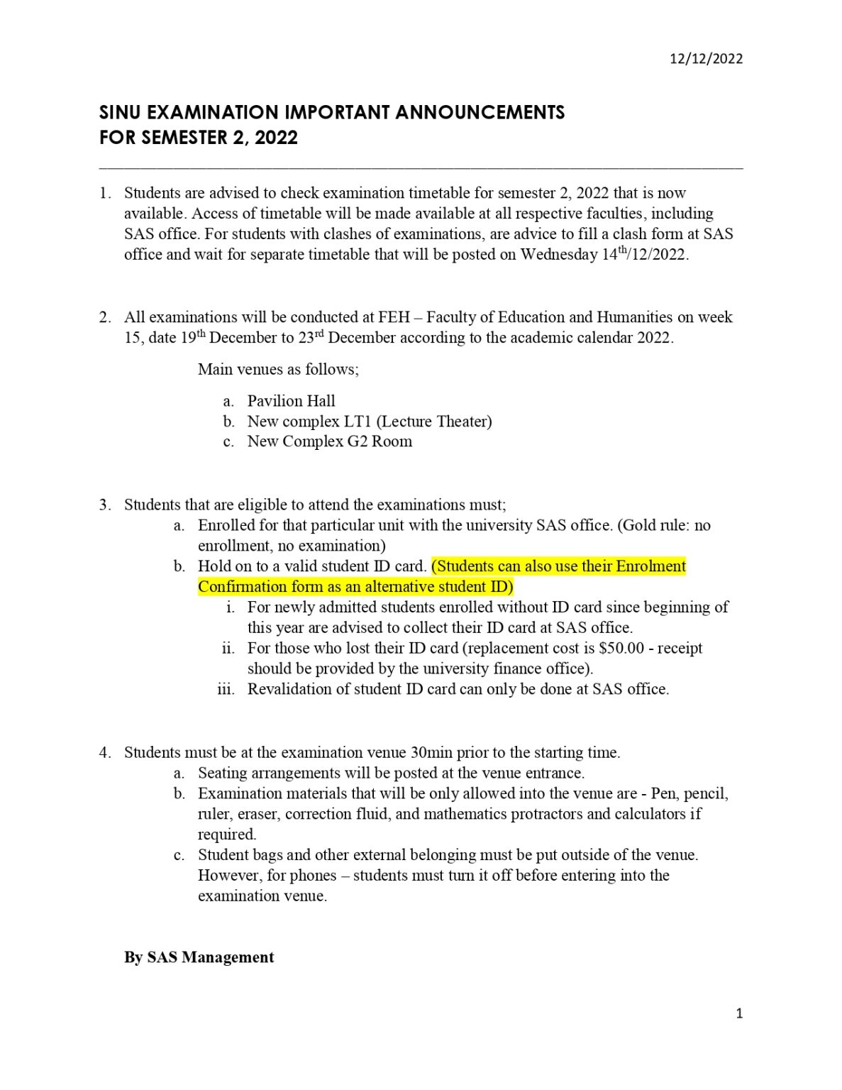 SEMESTER 2 2022 EXAMINATIONS – SINU