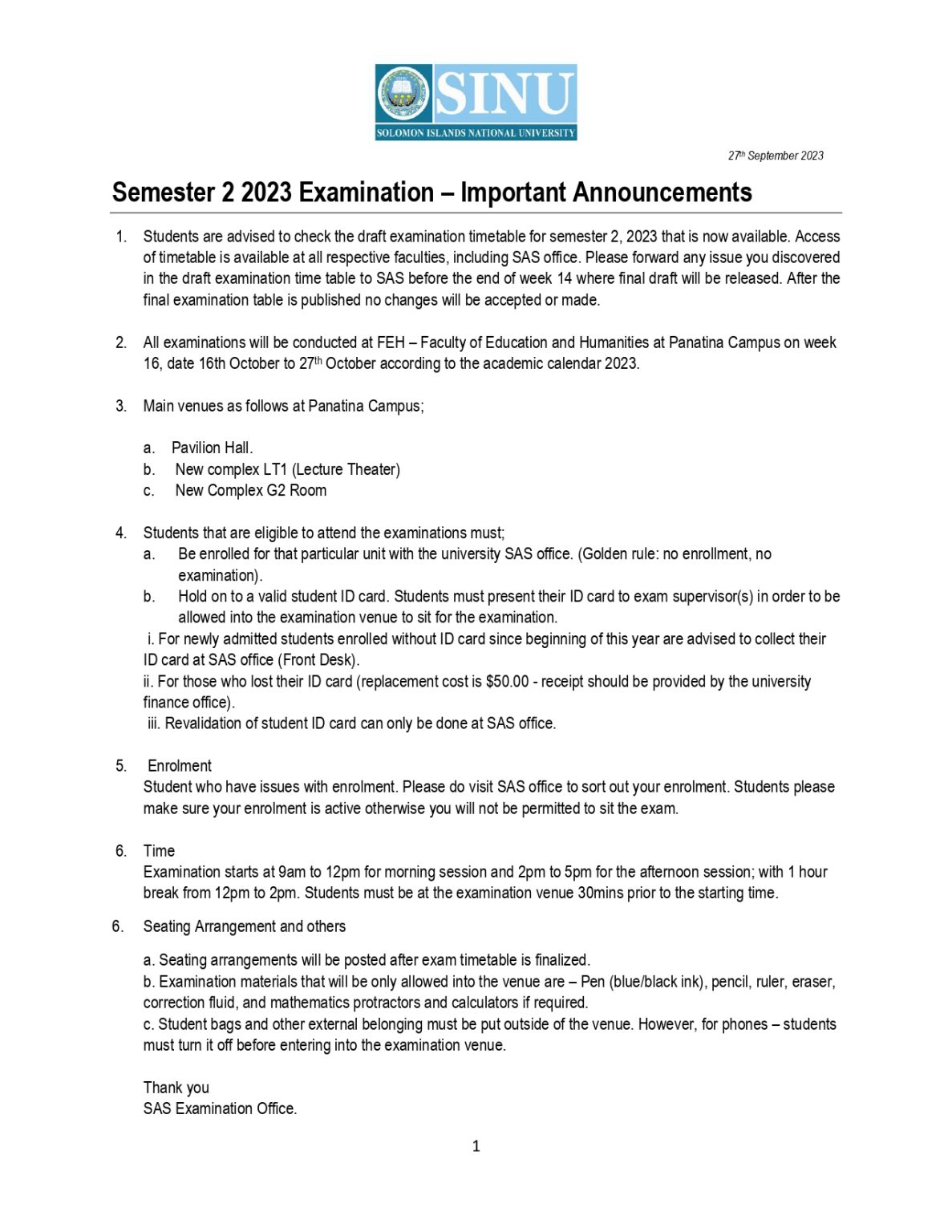 SINU SEMESTER 2 2023 EXAMINATION TIMETABLE – SINU
