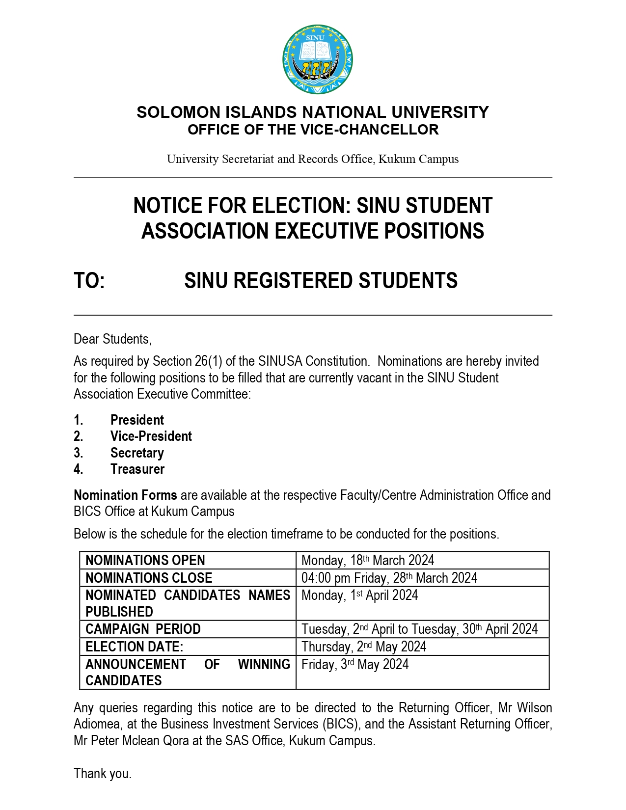 Notice: SINU Student Association Executive Positions Election – SINU