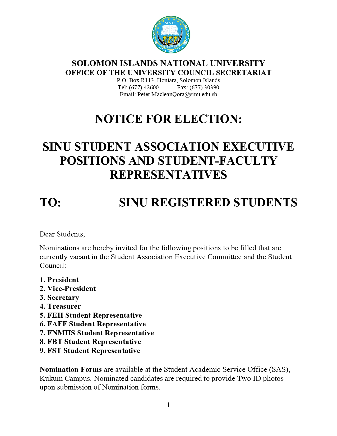 Notice: SINU Student Association Executive Positions Election – SINU