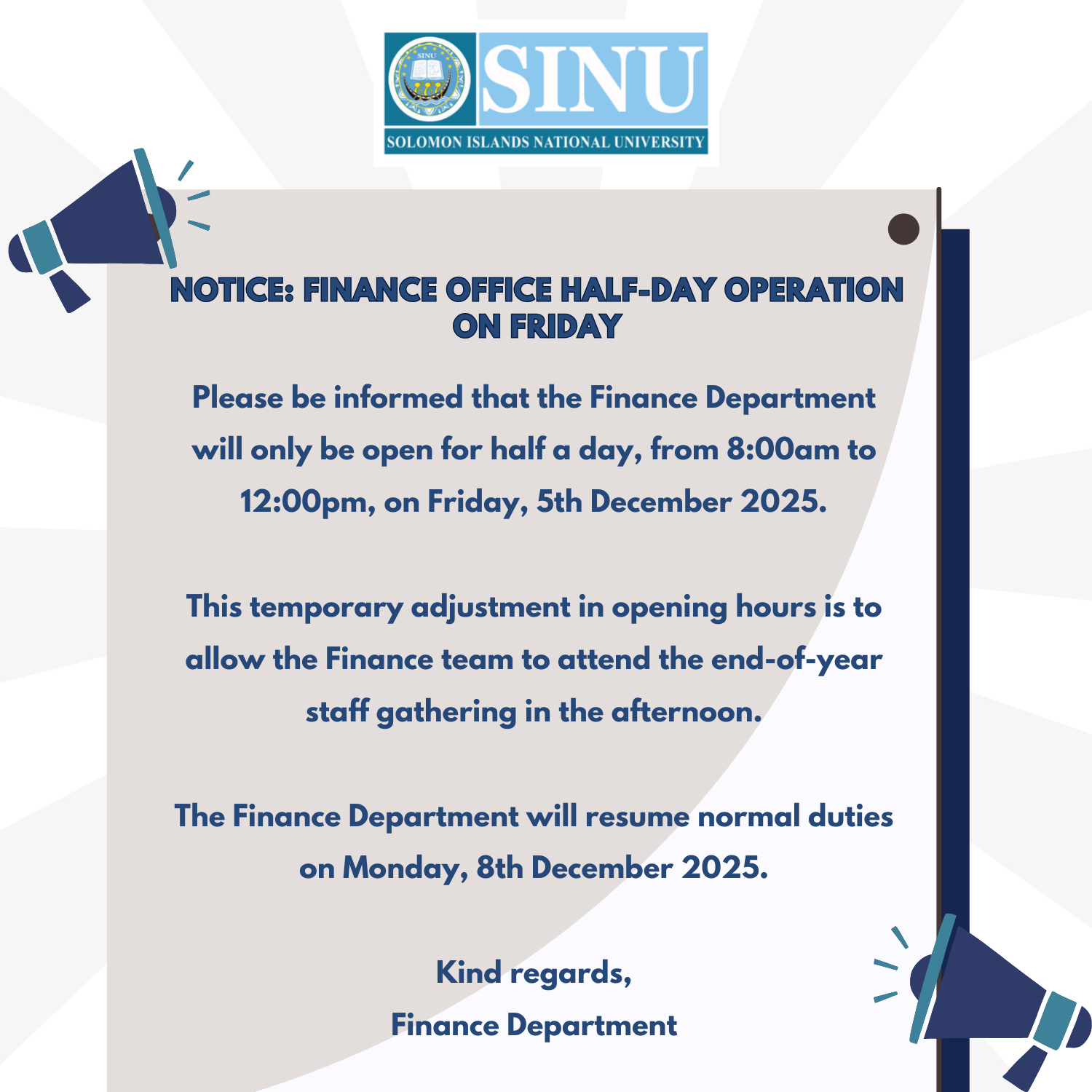 NOTICE FROM THE SINU FINANCE DEPARTMENT – SINU