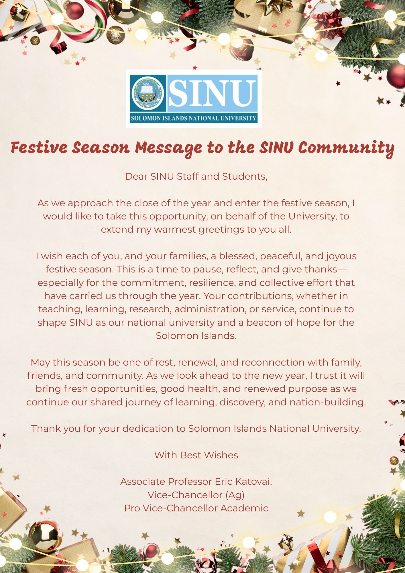 Festive Season Message to the SINU Community – SINU